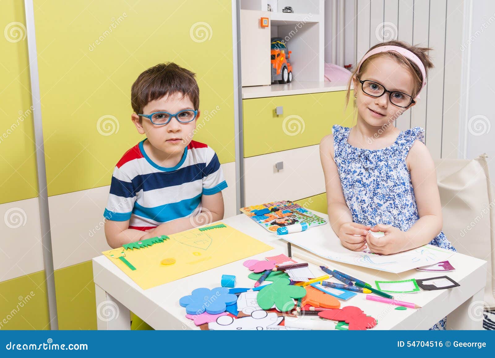 Two Preschool Child Working for Homework from Kindergarten Stock Photo ...