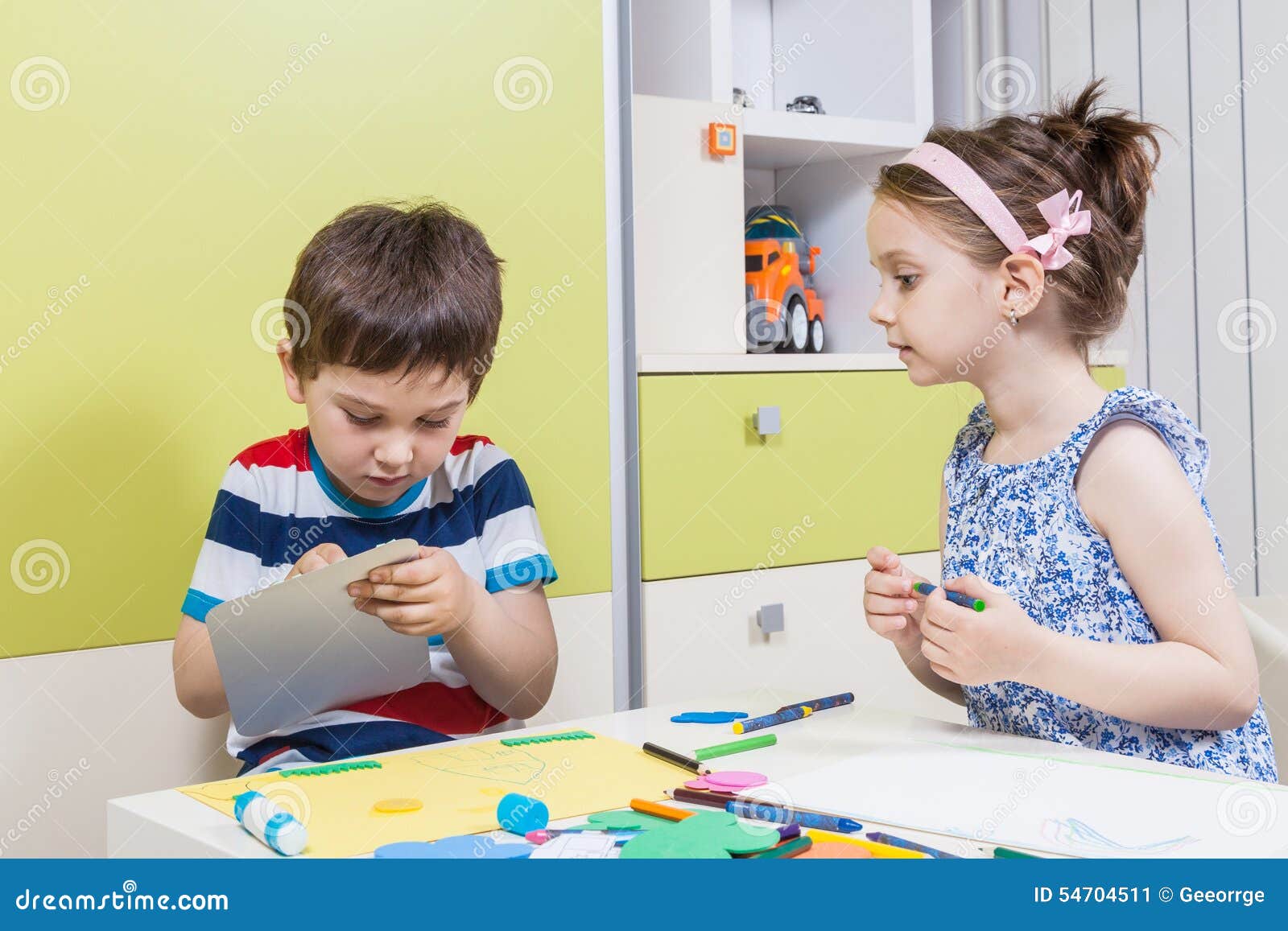 Two Preschool Child Working for Homework Received from Kindergarten ...