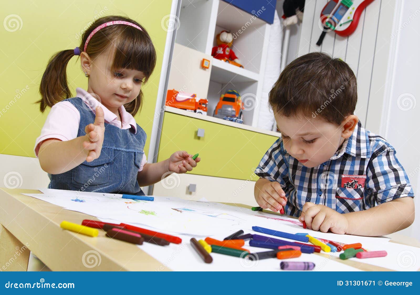 Two Preschool Children Draw with Crayons Stock Image - Image of colors ...
