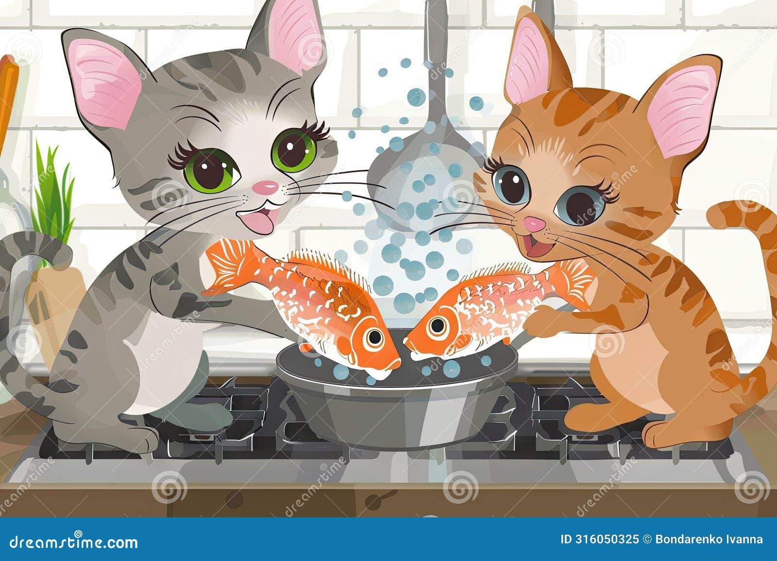 Two Pretty Cute Cats Cooking Dinner at the Kitchen Stock Illustration ...
