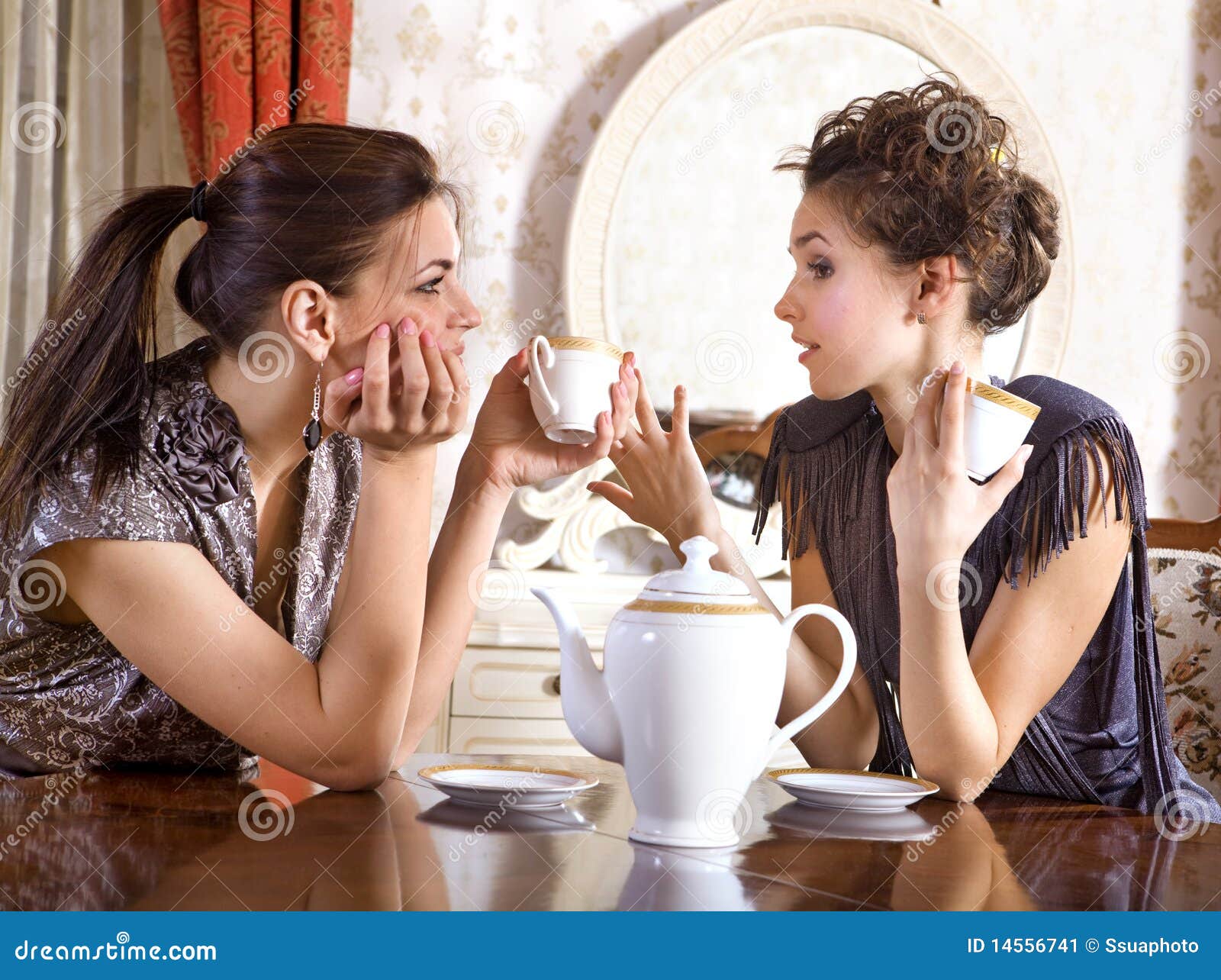 Two Pretty Girl-friends Drink Tea Stock Image - Image of gossip ...