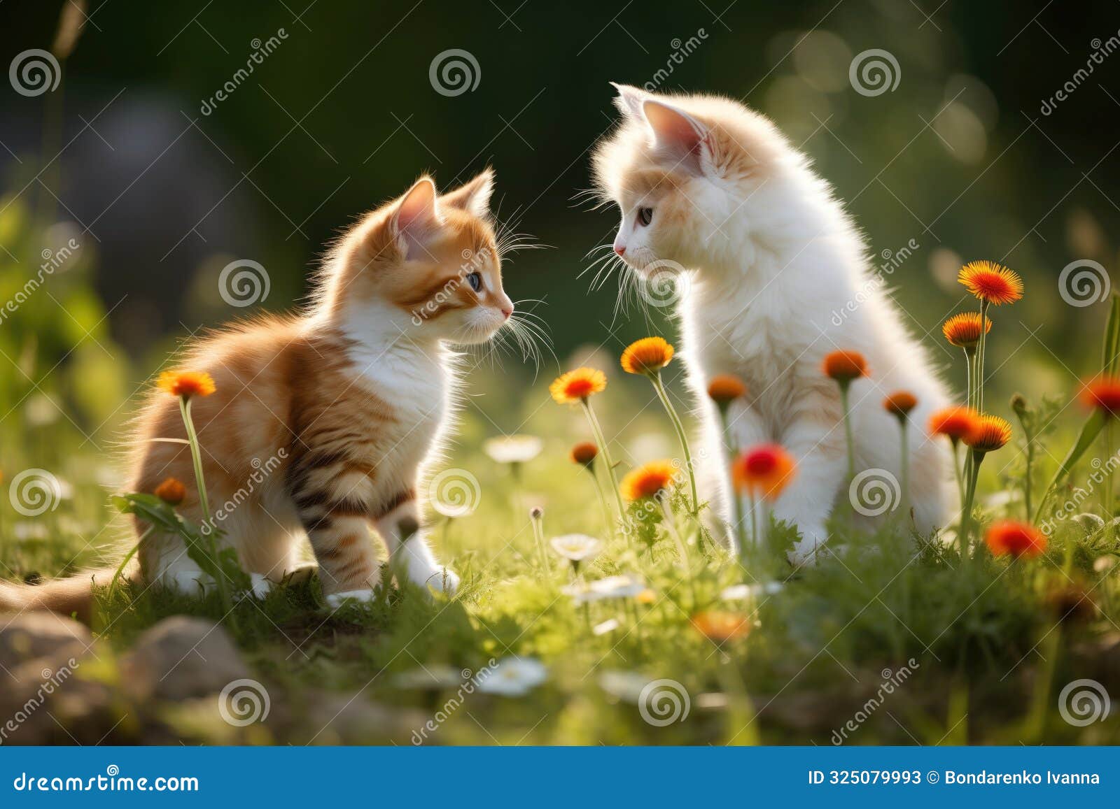 Two Pretty Kittens Walking Outdoors in the Spring Garden with Flowers ...
