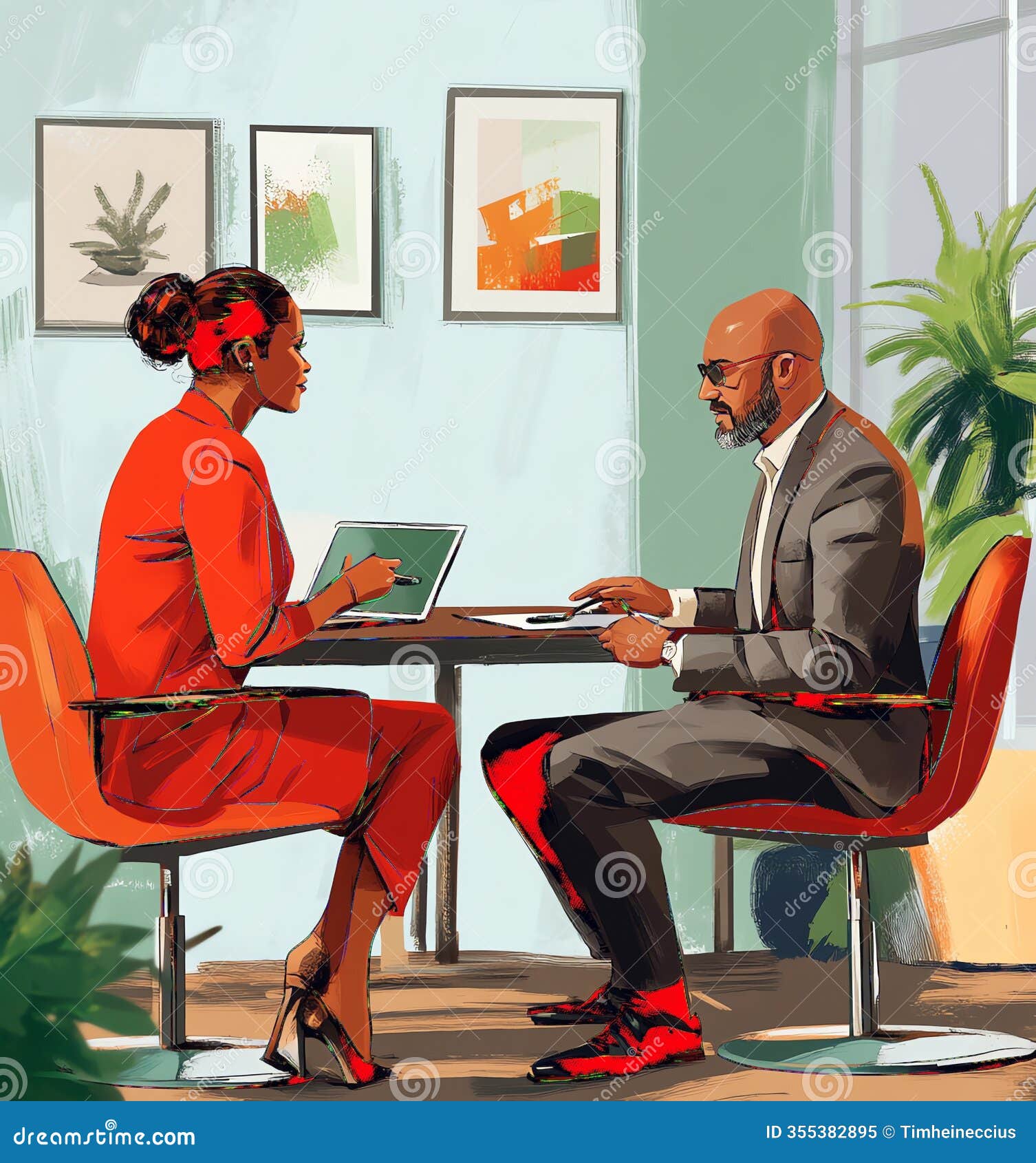 Two Professional Adults Discussing at a Table in a Stylish Office Space ...