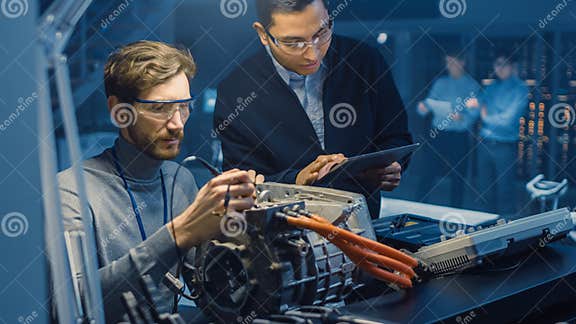 Two Professional Automotive Engineers with a Tablet Computer and ...