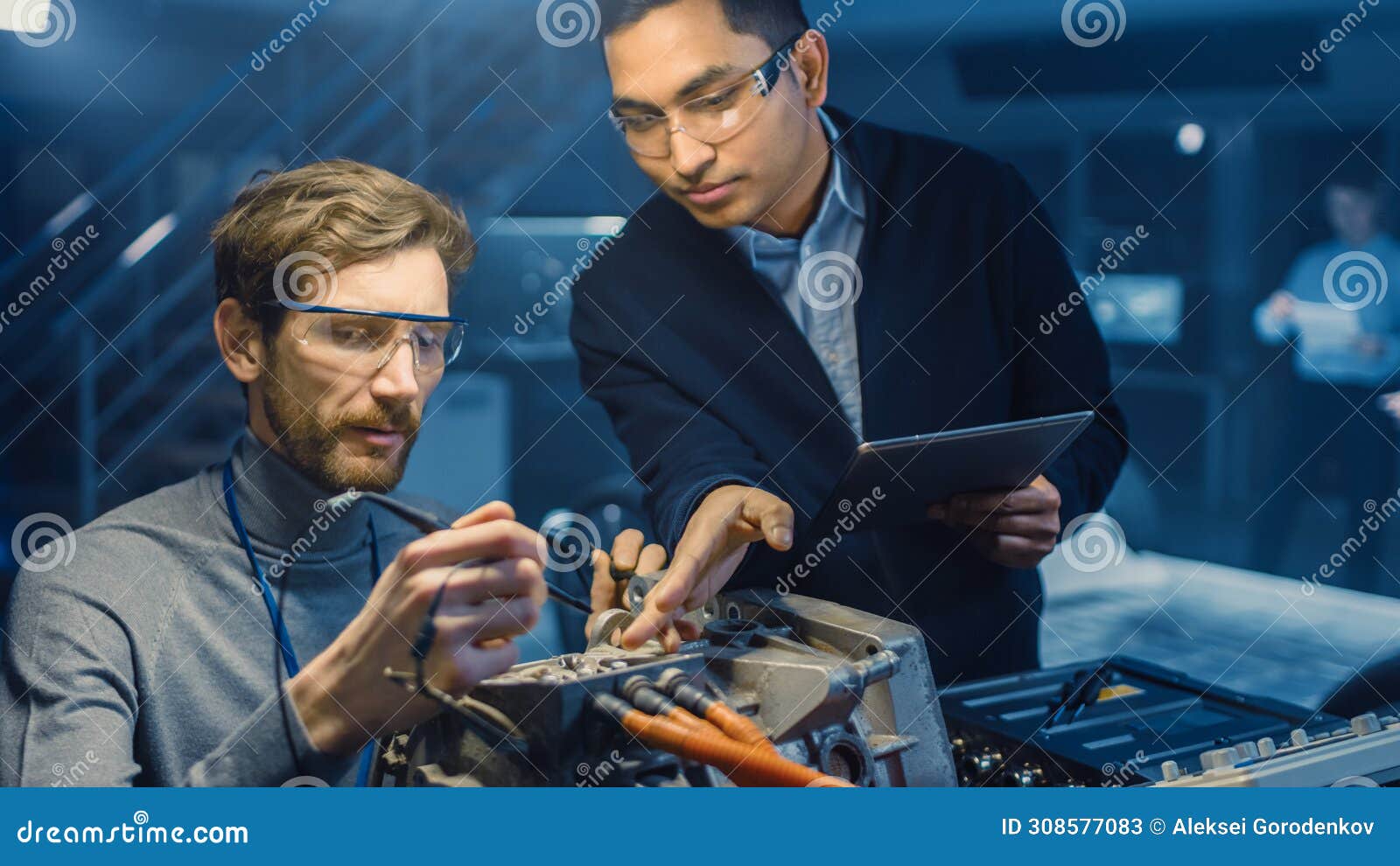 Two Professional Automotive Engineers with a Tablet Computer and ...
