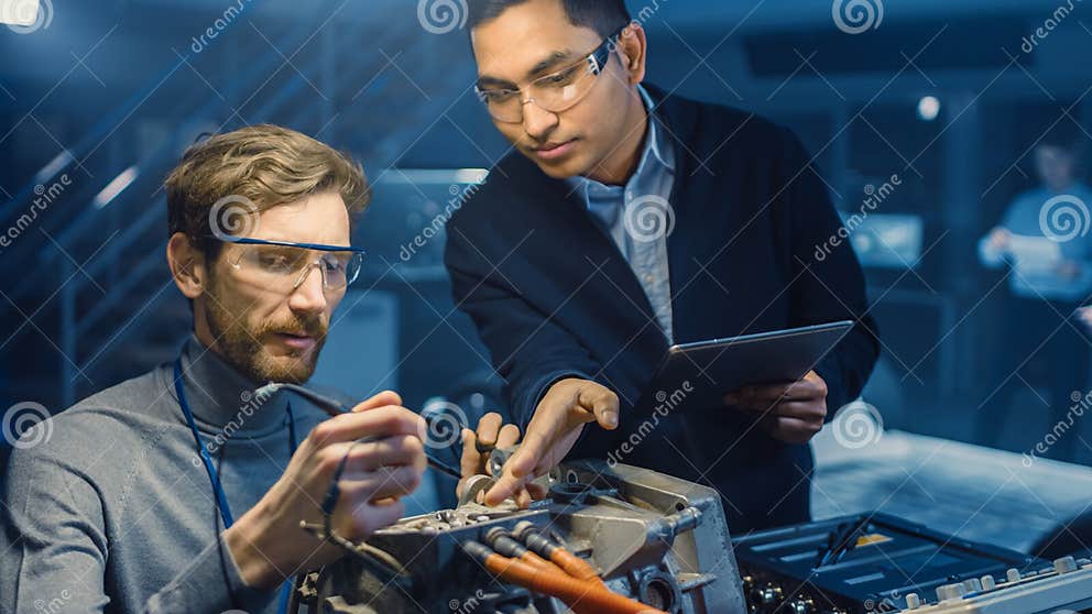 Two Professional Automotive Engineers with a Tablet Computer and ...