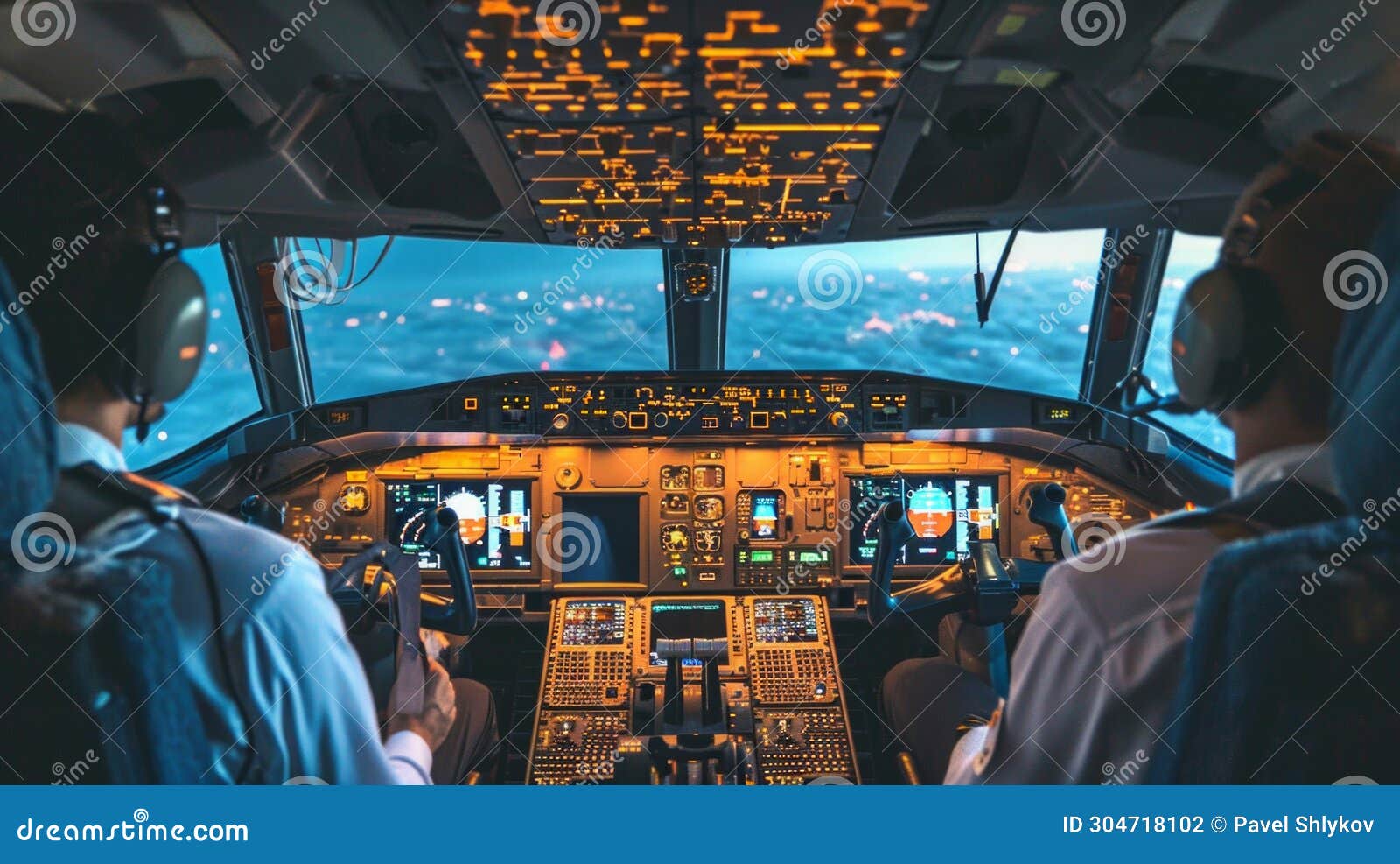Two Professional Aviators Sitting in Cockpit during Flight Stock Photo ...