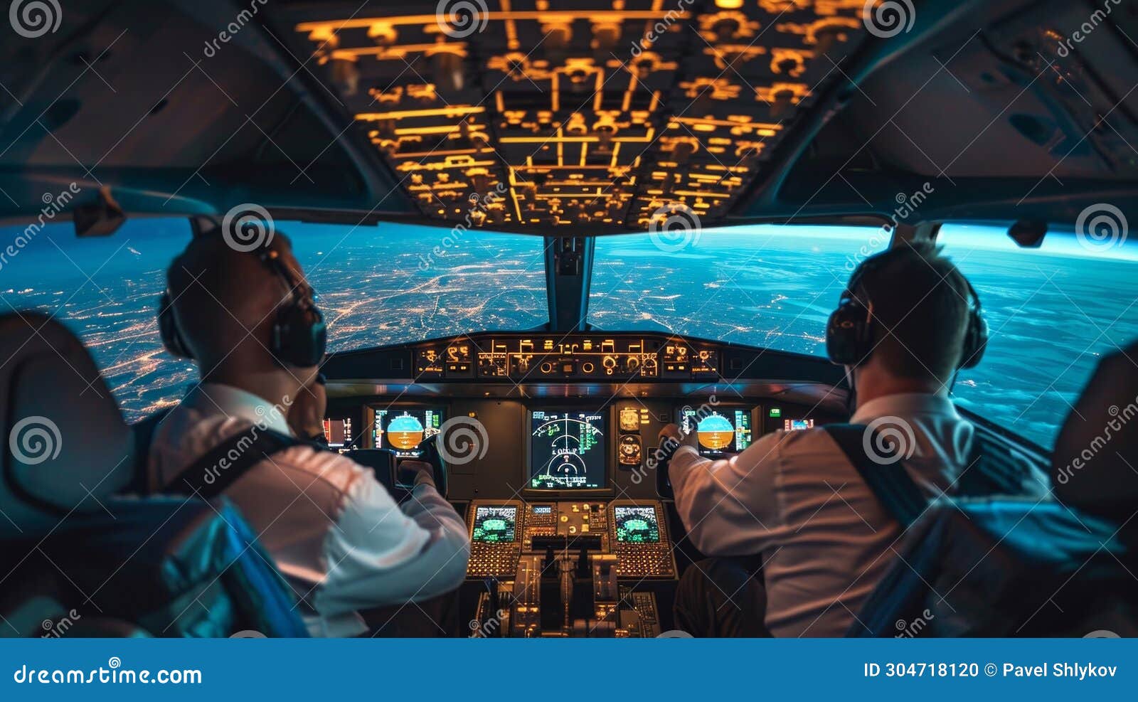 Two Professional Aviators Sitting in Cockpit during Flight Stock Photo ...