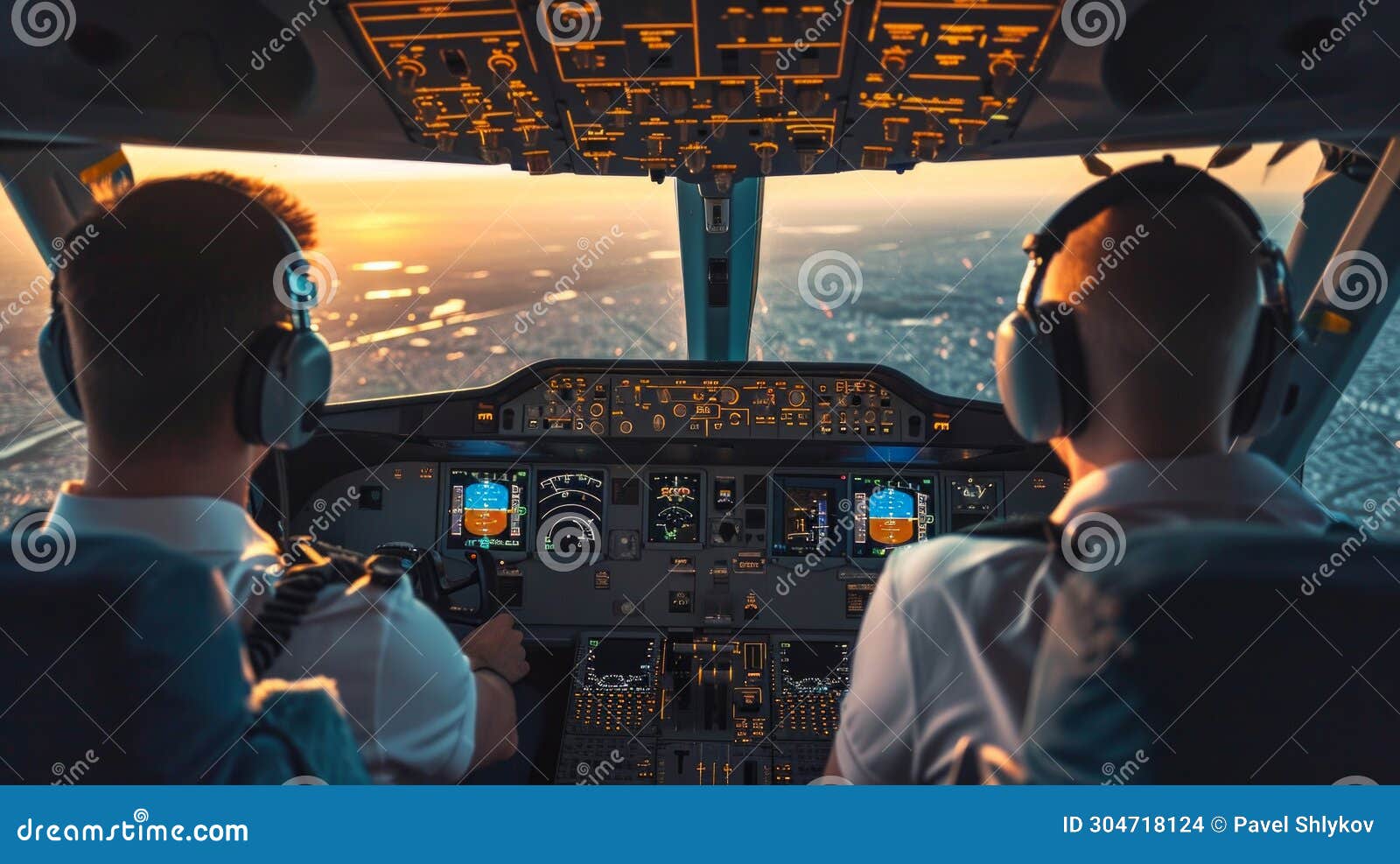 Two Professional Aviators Sitting in Cockpit during Flight Stock Photo ...