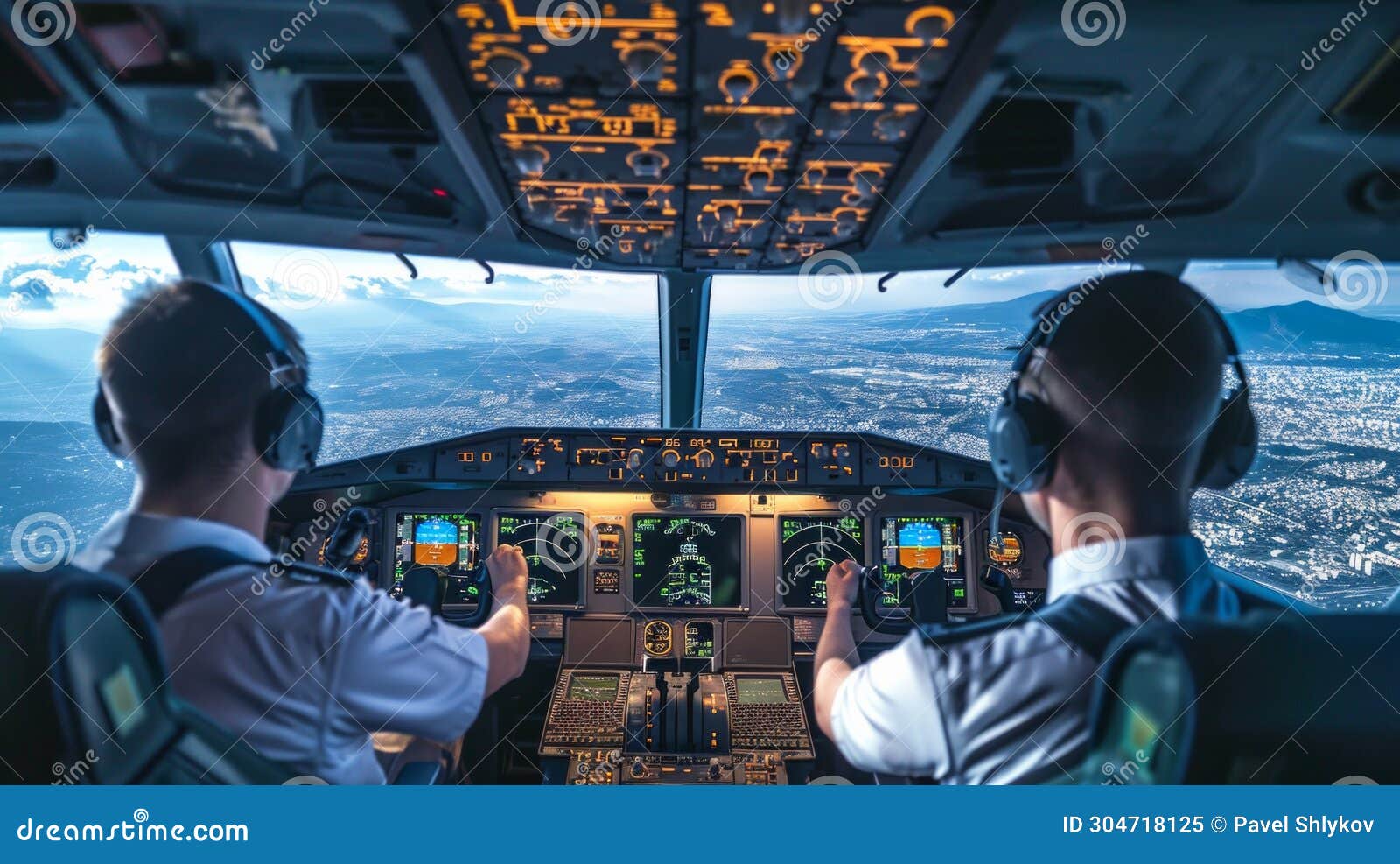 Two Professional Aviators Sitting in Cockpit during Flight Stock Image ...