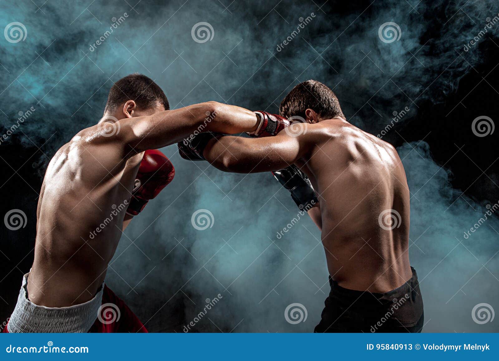 Two Professional Boxer Boxing on Black Smoky Background, Stock Image ...