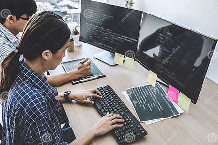 Two Professional Programmers Cooperating at Developing Programming and Website Working in a ...
