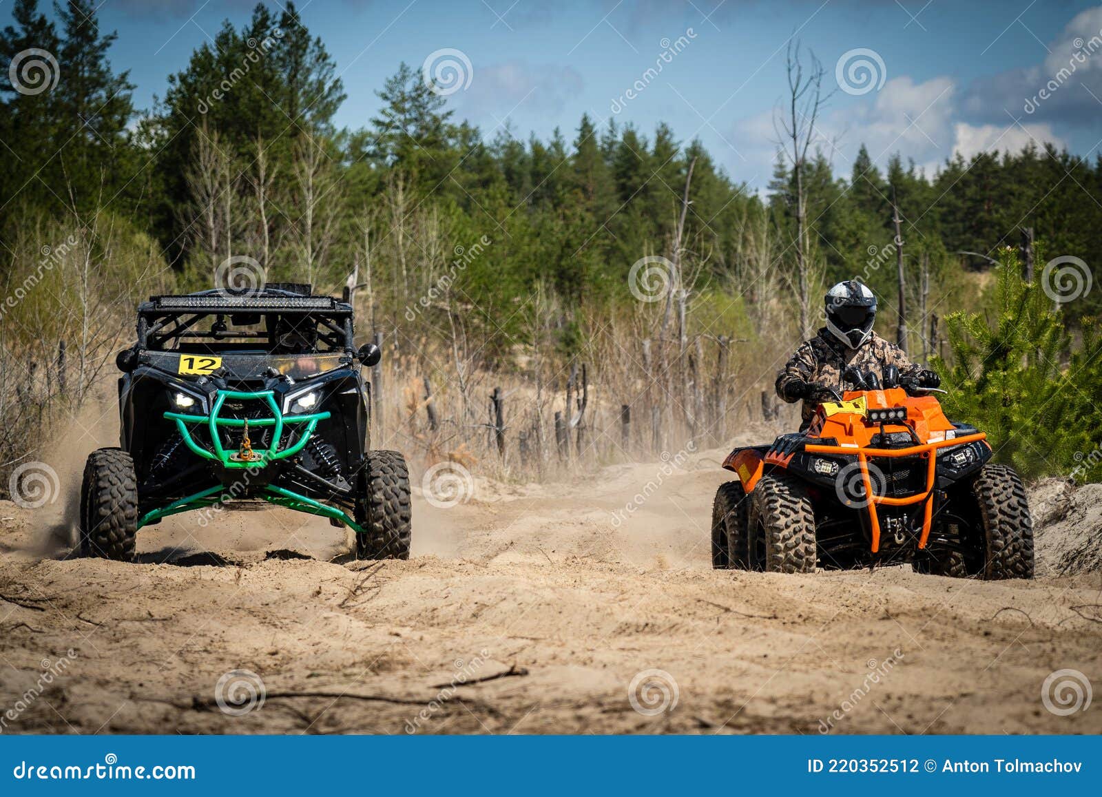 Two Professional Quad Ride Fast on Sand. Quad Racing, ATV 4x4 Stock ...