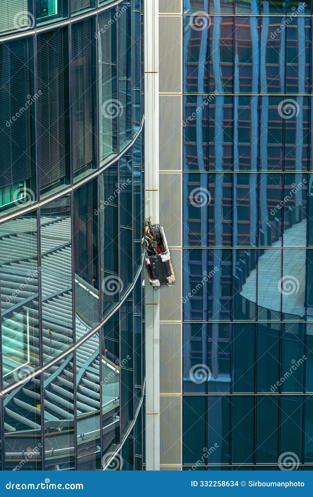 Two Professional Skyscraper Cleaning and Maintenance Workers, Inside a ...