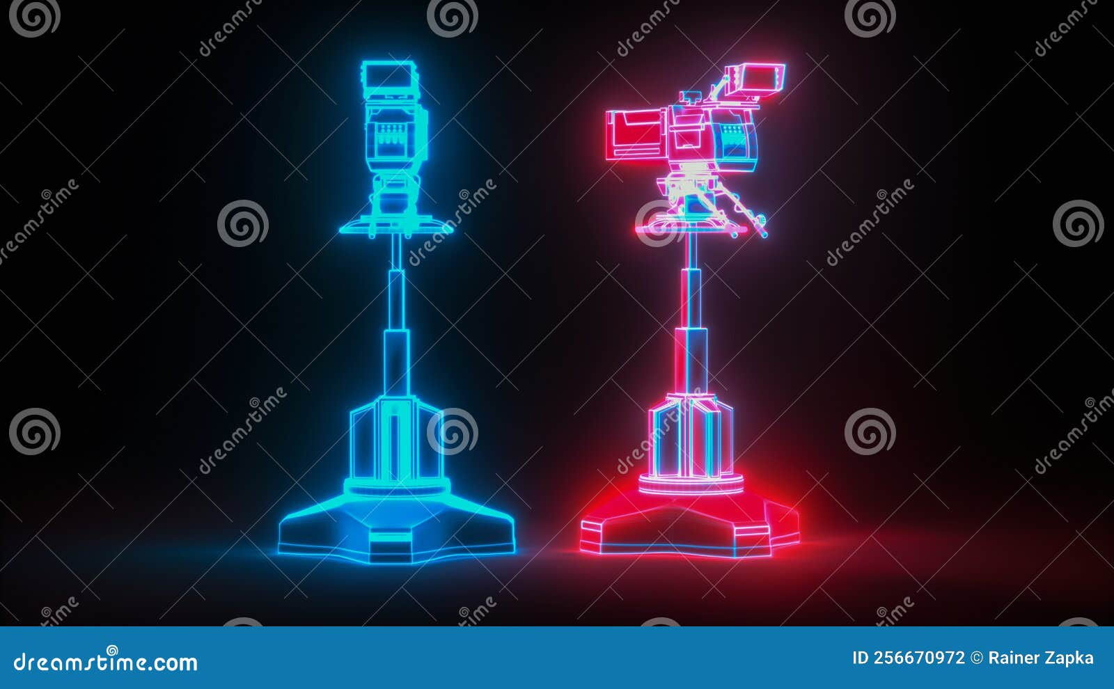 Two Professional Studio Cameras in Neon 3d Rendering Stock Illustration ...