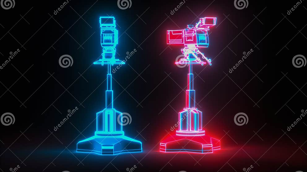 Two Professional Studio Cameras in Neon 3d Rendering Stock Illustration ...