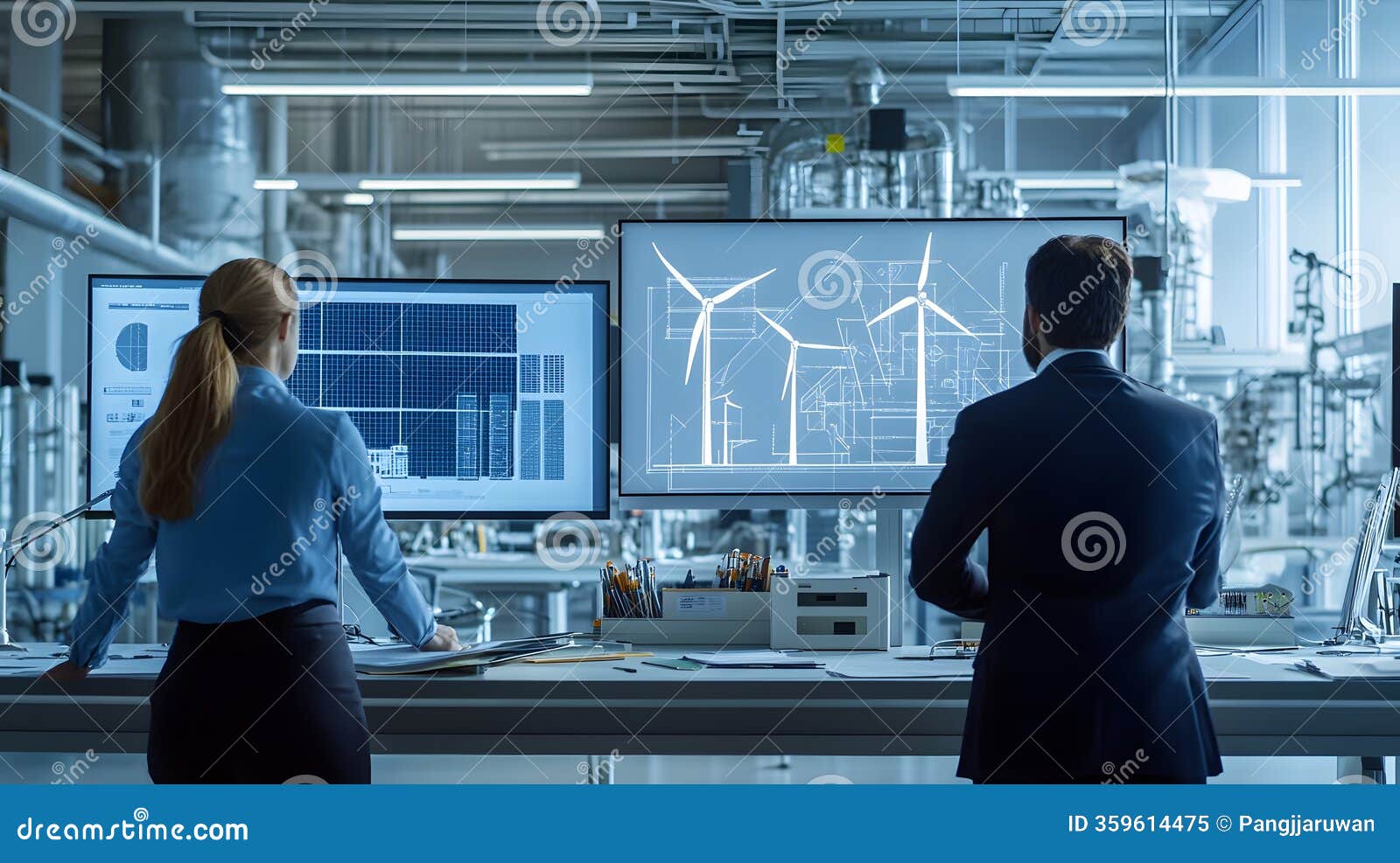 Two Professionals Analyze Wind Energy Data on Screens in a Modern Lab ...