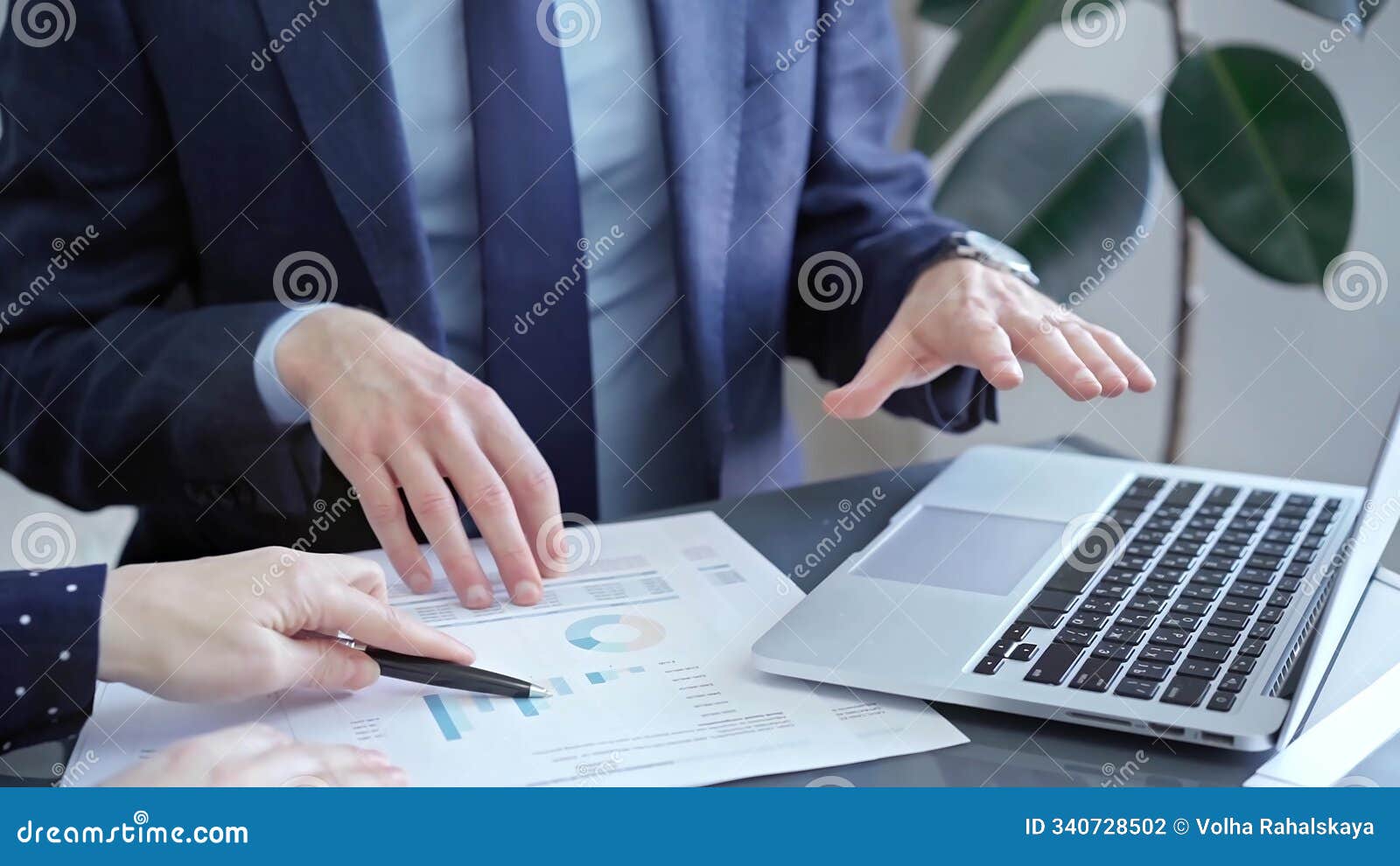 Two Professionals Analyzing a Pie Chart during a Strategic Business ...