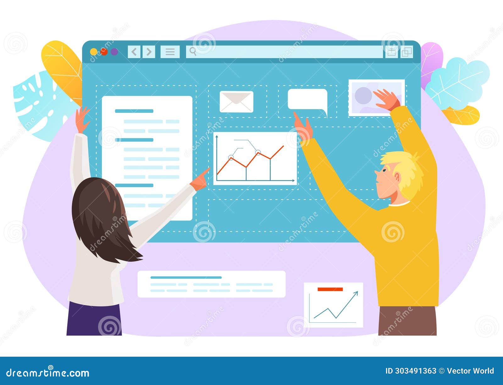 Two Professionals Analyzing Website Data Layout Design. Male and Female ...