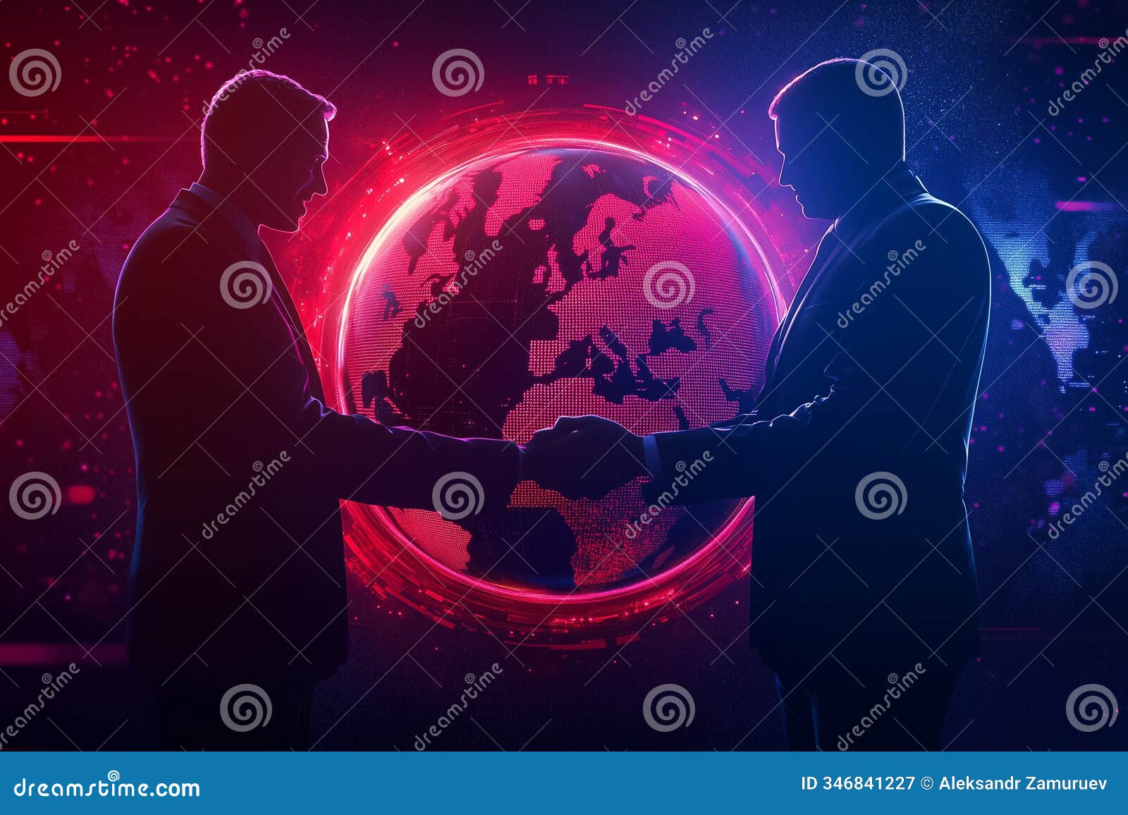 Two Professionals Shake Hands with a Digital Globe in the Background ...