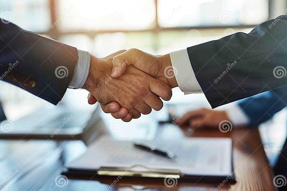 Two Professionals Shaking Hands by a Conference Table Stock ...