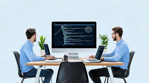 Two Programmers Working on Code at Desk with Laptops and Desktop Computer Stock Illustration ...