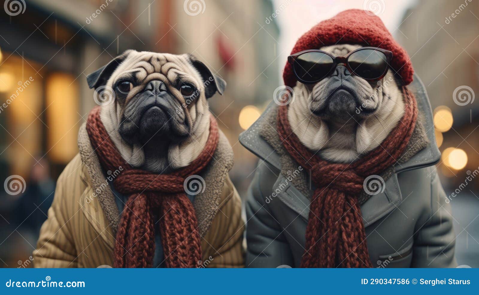 Two Pugs Wearing Winter Clothes and Hats. AI Stock Photo - Image of ...