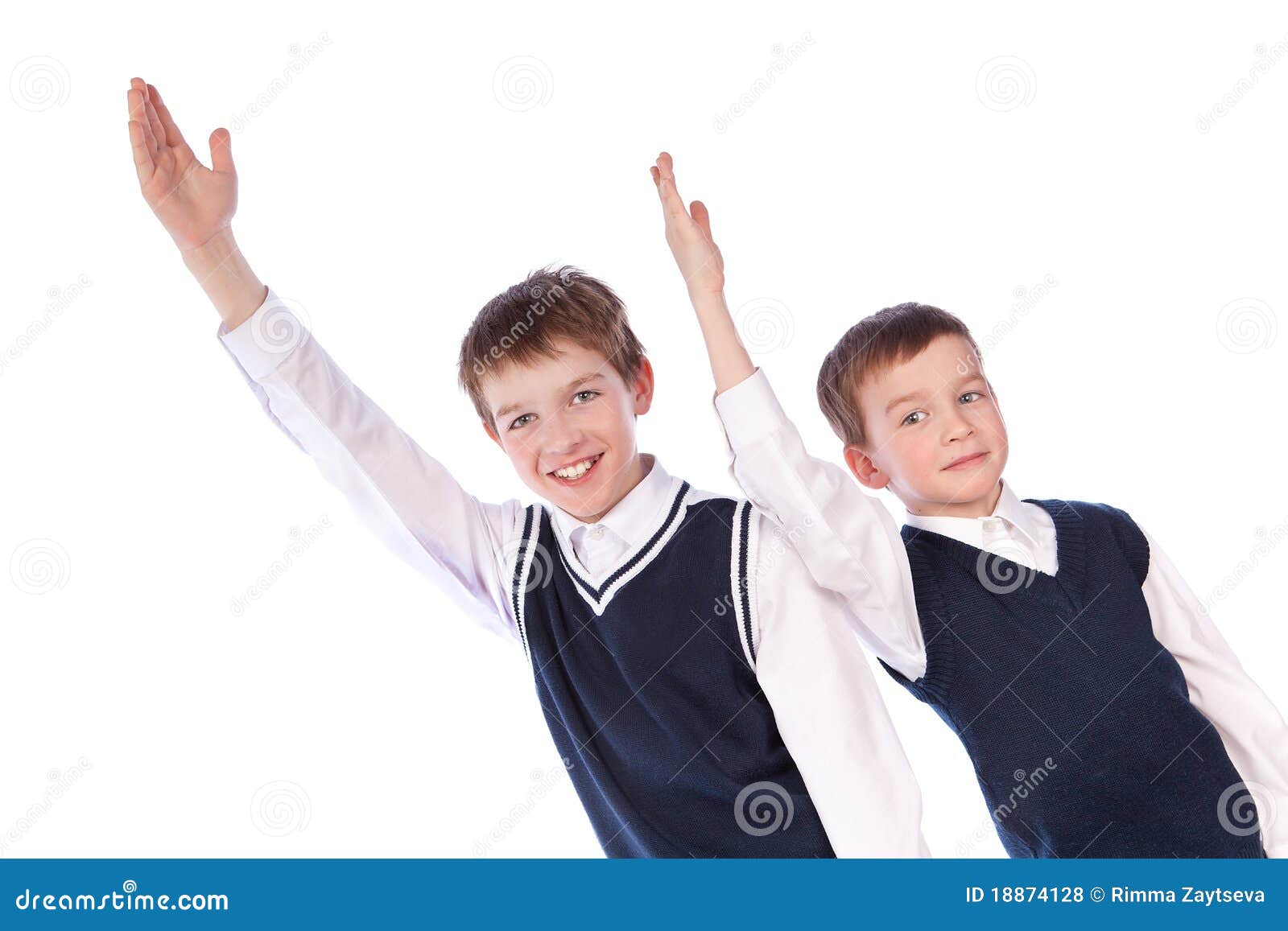 Two Pupils Raise Their Hands Up Stock Photo - Image of merry, carefree ...