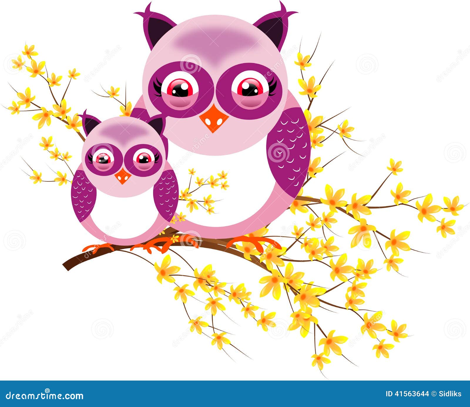 Two Purple Owls on Laburnum Stock Illustration - Illustration of pink ...