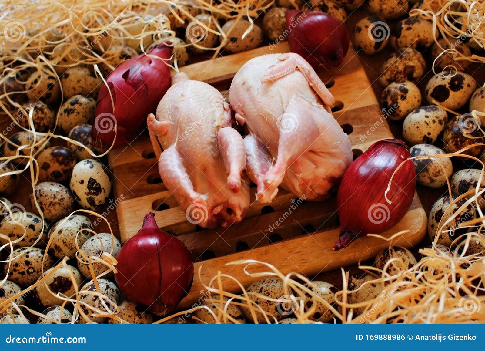 Two Quail Carcasses on the Board and Many Small Eggs Stock Photo ...