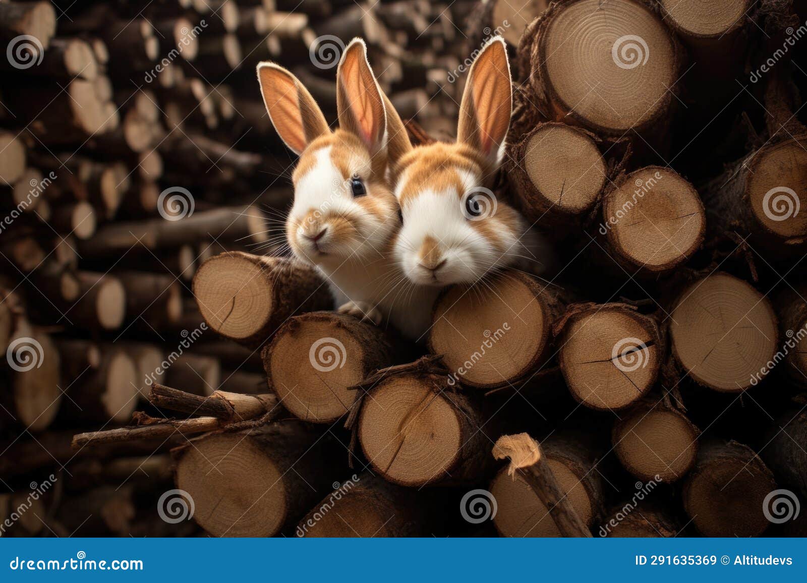Two Rabbits Climbing Over a Wood Pile Stock Image - Image of nature ...