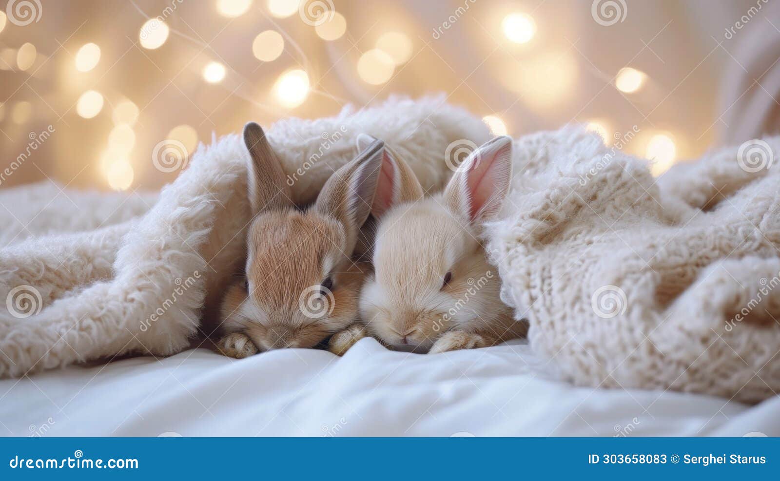 Two Rabbits are Curled Up Under a Blanket on Top of the Bed, AI Stock ...