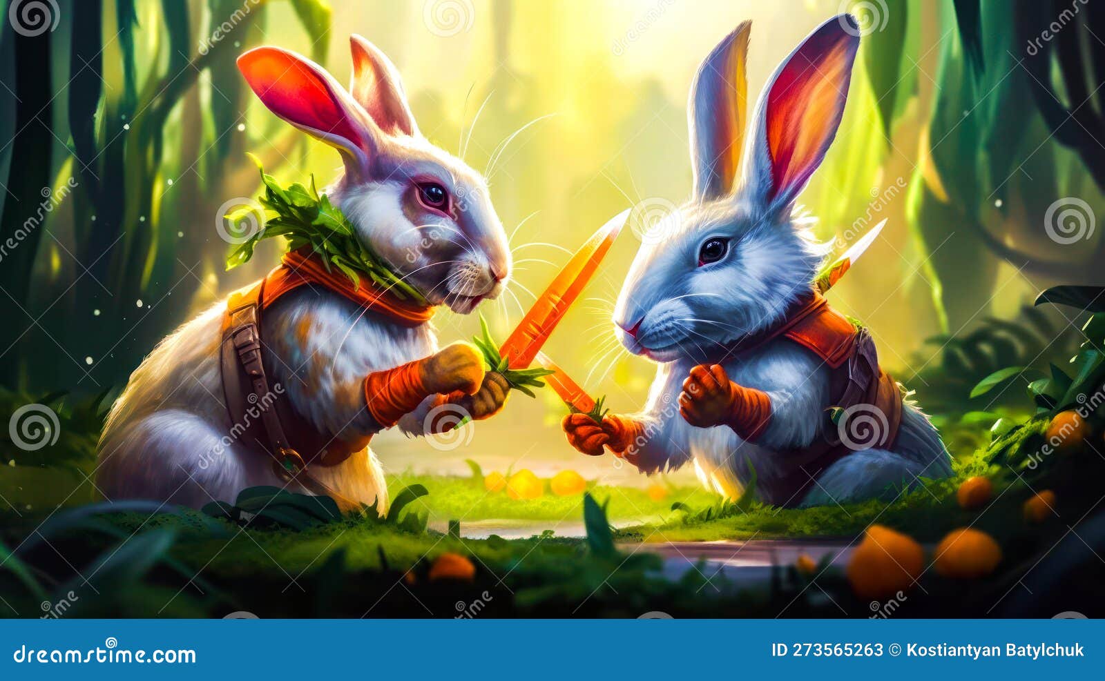 Two Rabbits Holding Carrots in Forest. Generative AI Stock Illustration ...