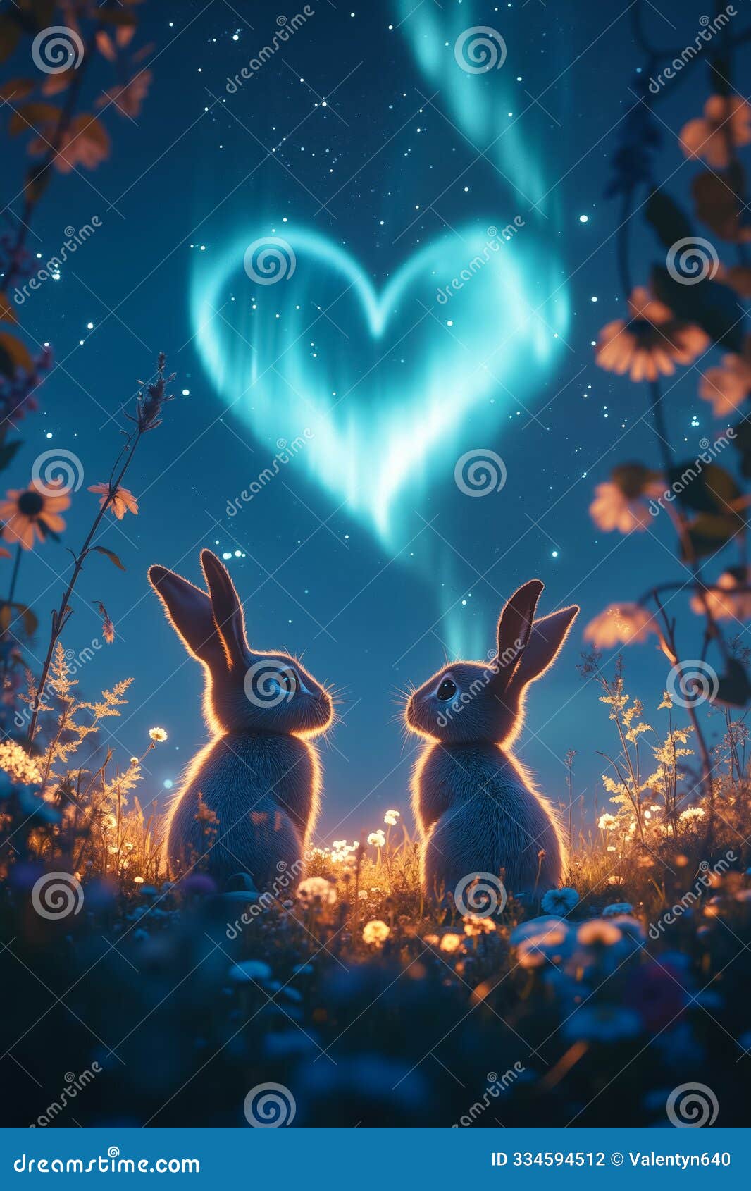 Two Rabbits in the Night Sky with a Heart Shaped Light Stock ...