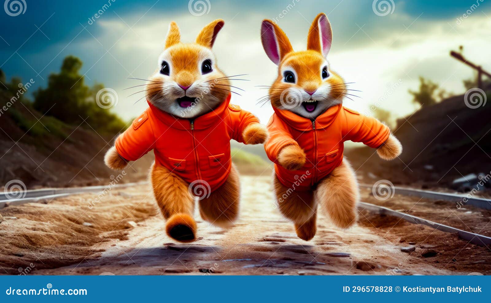Two Rabbits in Orange Jackets Running on Dirt Road with Trees in the ...