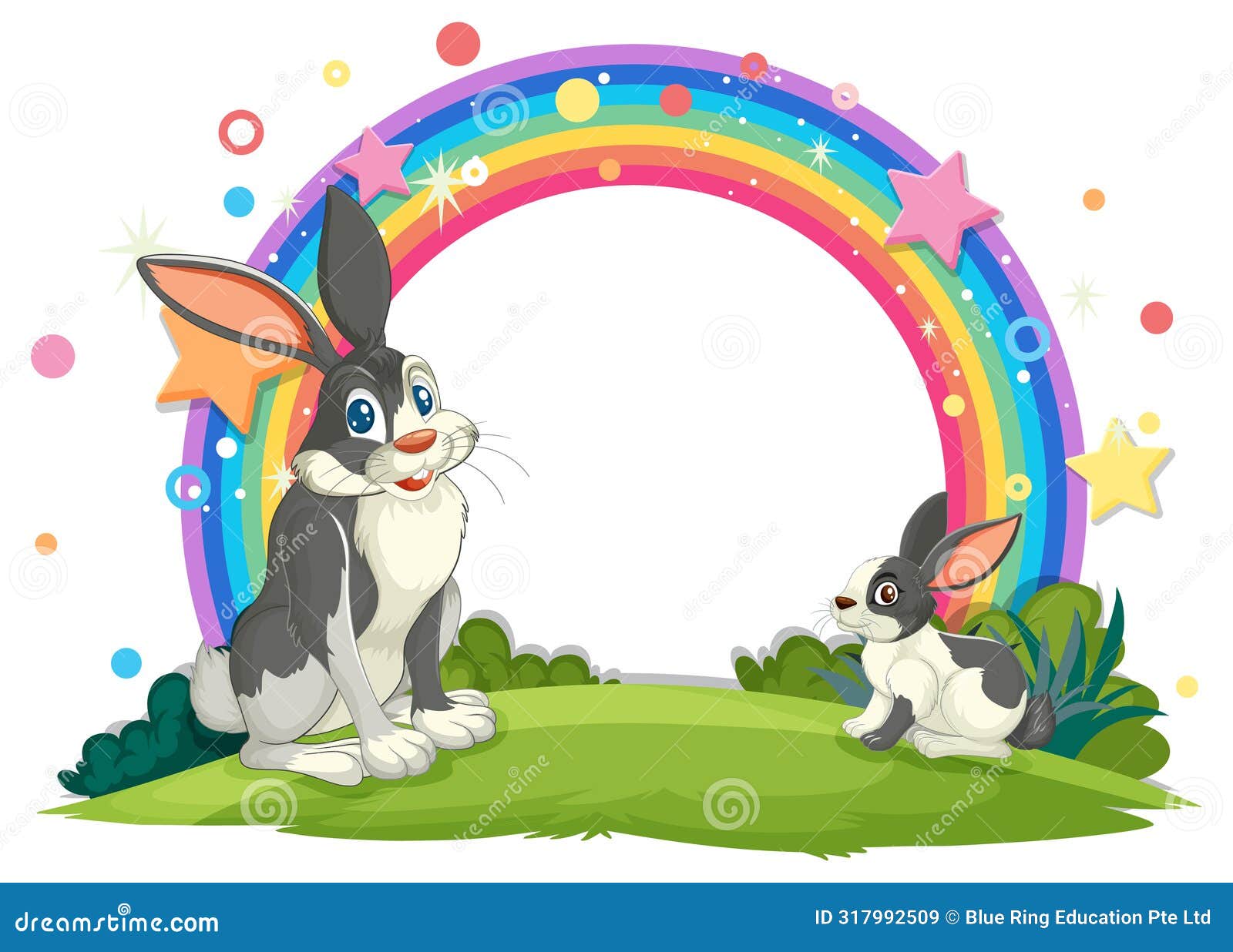Two Rabbits Playing Under a Colorful Rainbow Stock Vector ...