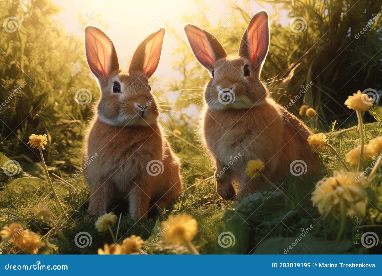Two Rabbits Seats on Green Grass. Easter Bunny Stock Image - Image of ...