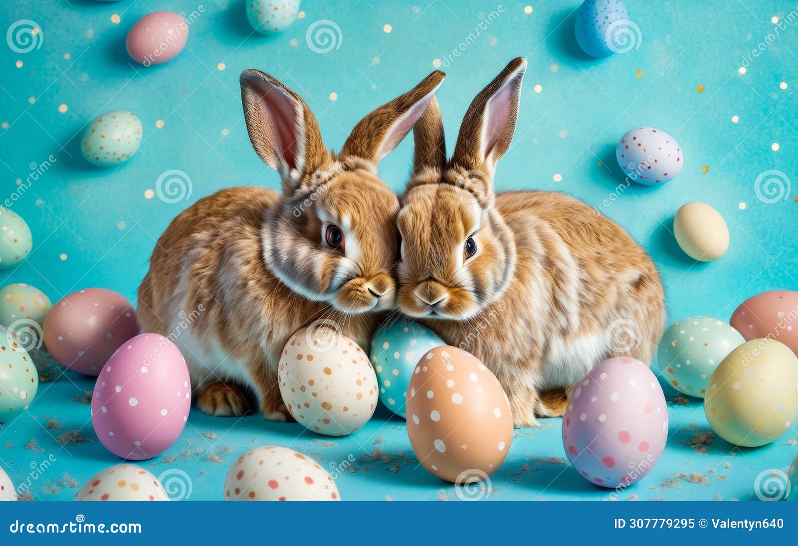 Two Rabbits Sit Together among Pastel Colored Eggs. Generative AI Stock ...