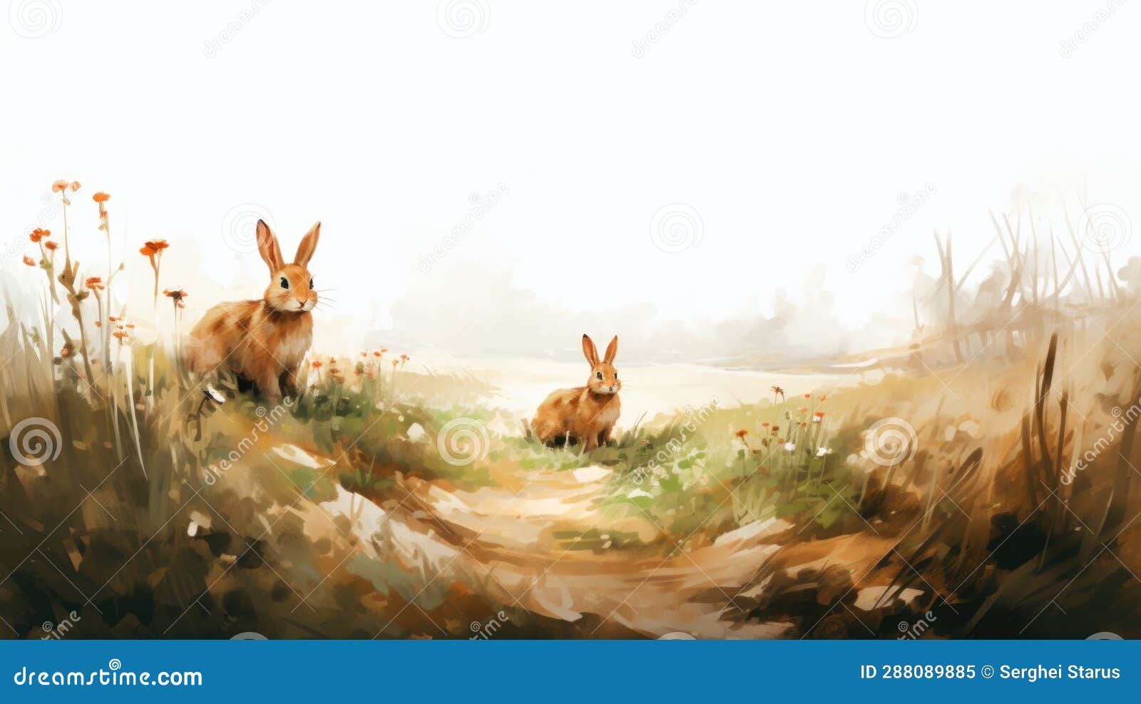 Two Rabbits Sitting on a Dirt Path in a Field, AI Stock Illustration ...