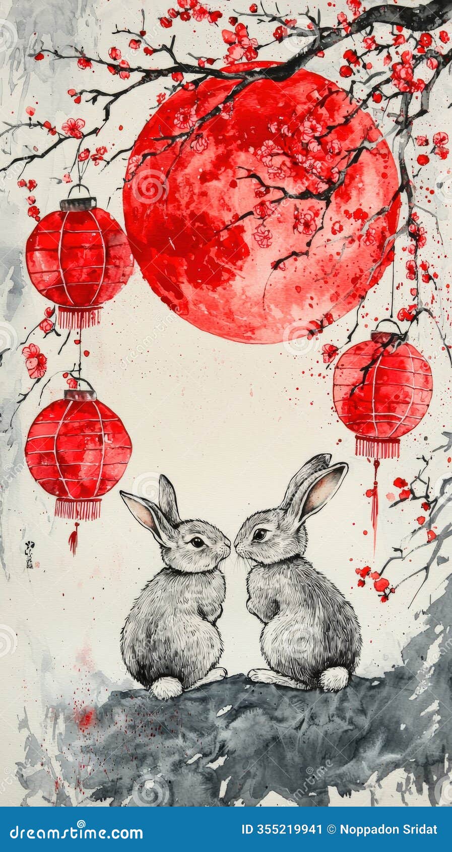Two Rabbits Sitting Together Under a Bright Red Moon in a Night Sky ...
