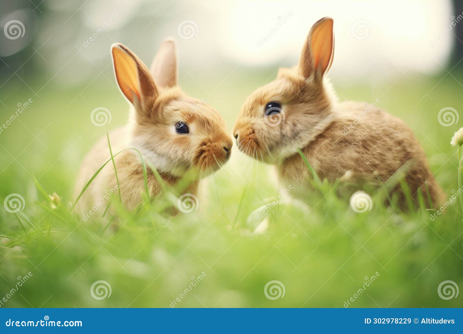 Two Rabbits Touching Noses in Green Grass Stock Image - Image of noses ...