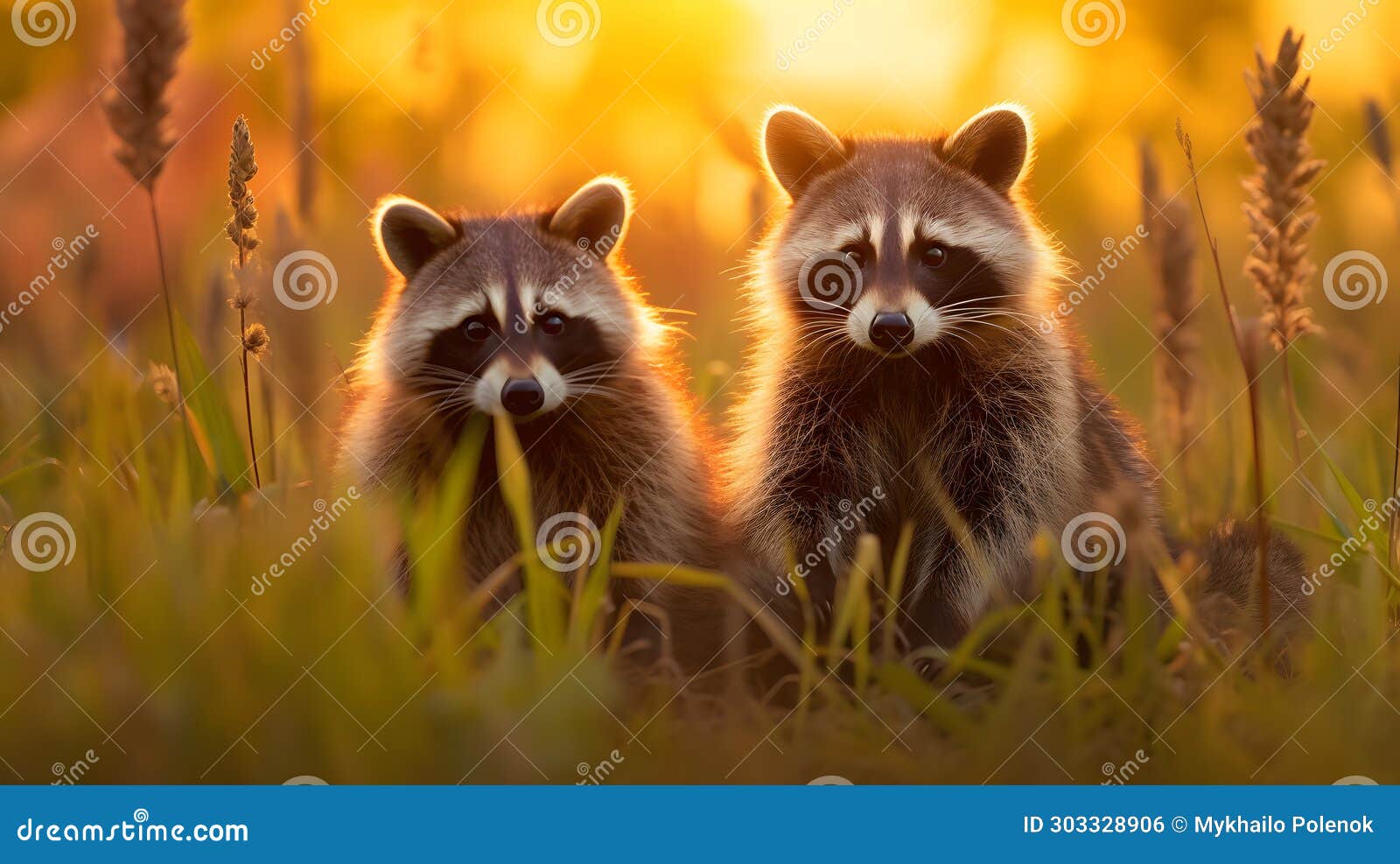 Two Raccoons in a Field at Sunset. Neural Network AI Generated Stock ...