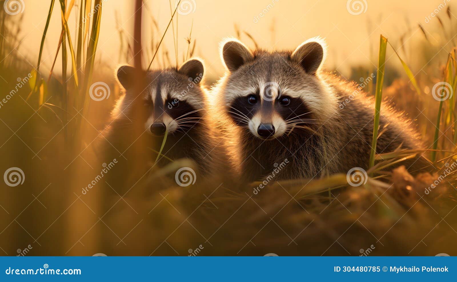Two Raccoons in a Field at Sunset. Neural Network AI Generated Stock ...