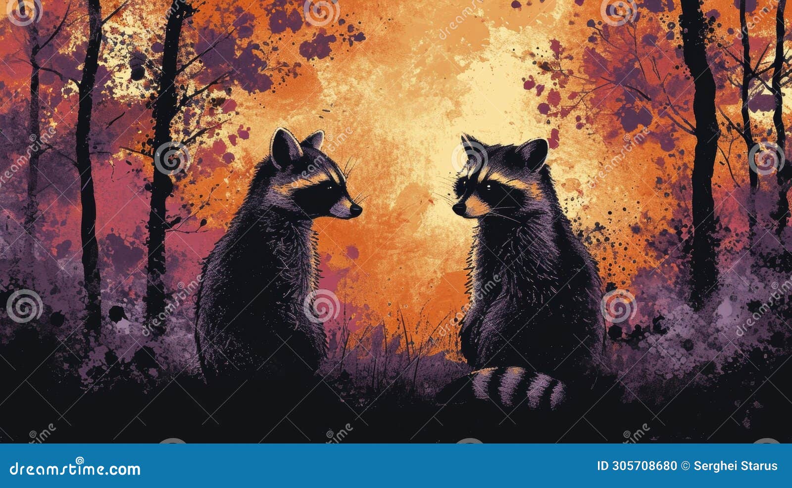 Two Raccoons Sitting in Front of a Sunset with Trees, AI Stock Photo ...