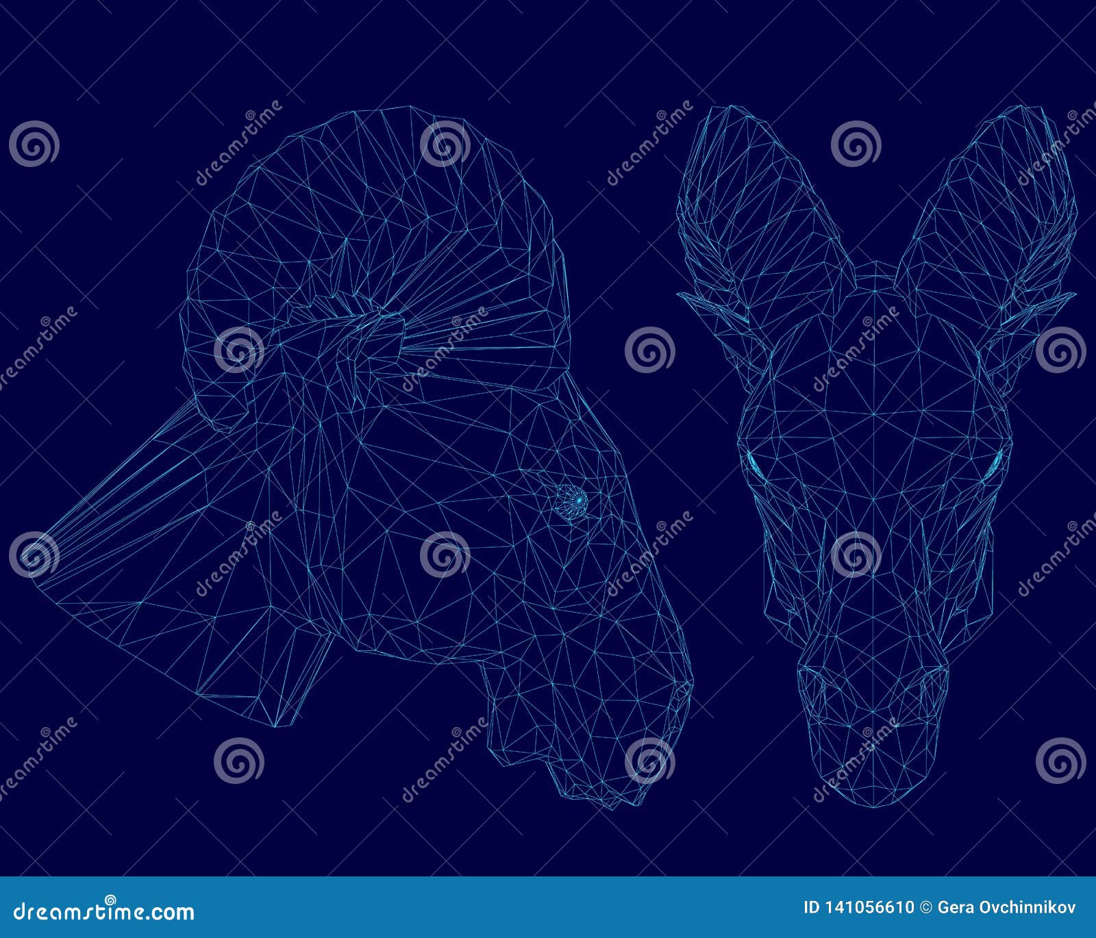Two Ram Head Wireframe. Front and Side View. Polygonal Ram Head of Blue ...