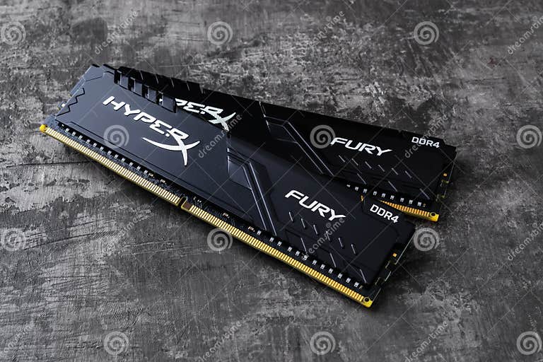 Two Ram Memory Modules Kingston HyperX Fury DDR4 on a Dark Background. Modern Desktop Computer ...