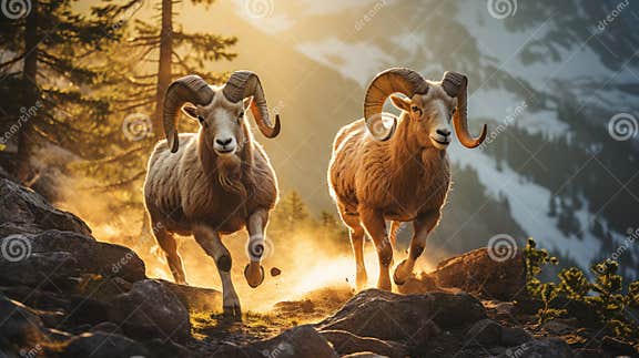 Two Rams in the Mountains Created with Generative AI Technology Stock ...