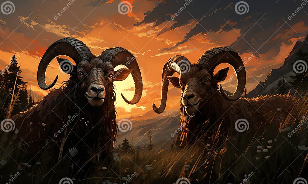 Two Rams Stand in Field. Generative AI Stock Photo - Image of rural ...