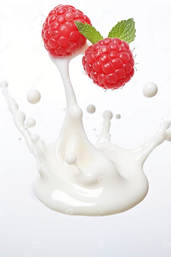 Two Raspberries Falling into a Milk Splash. Generative AI Image. Stock ...