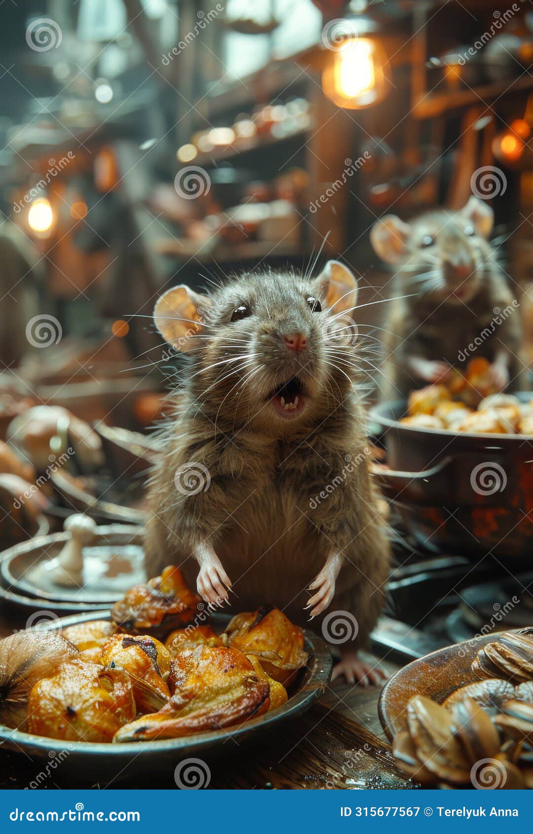 Two Rats are Sitting on Table in Restaurant and Eating Food. Stock ...